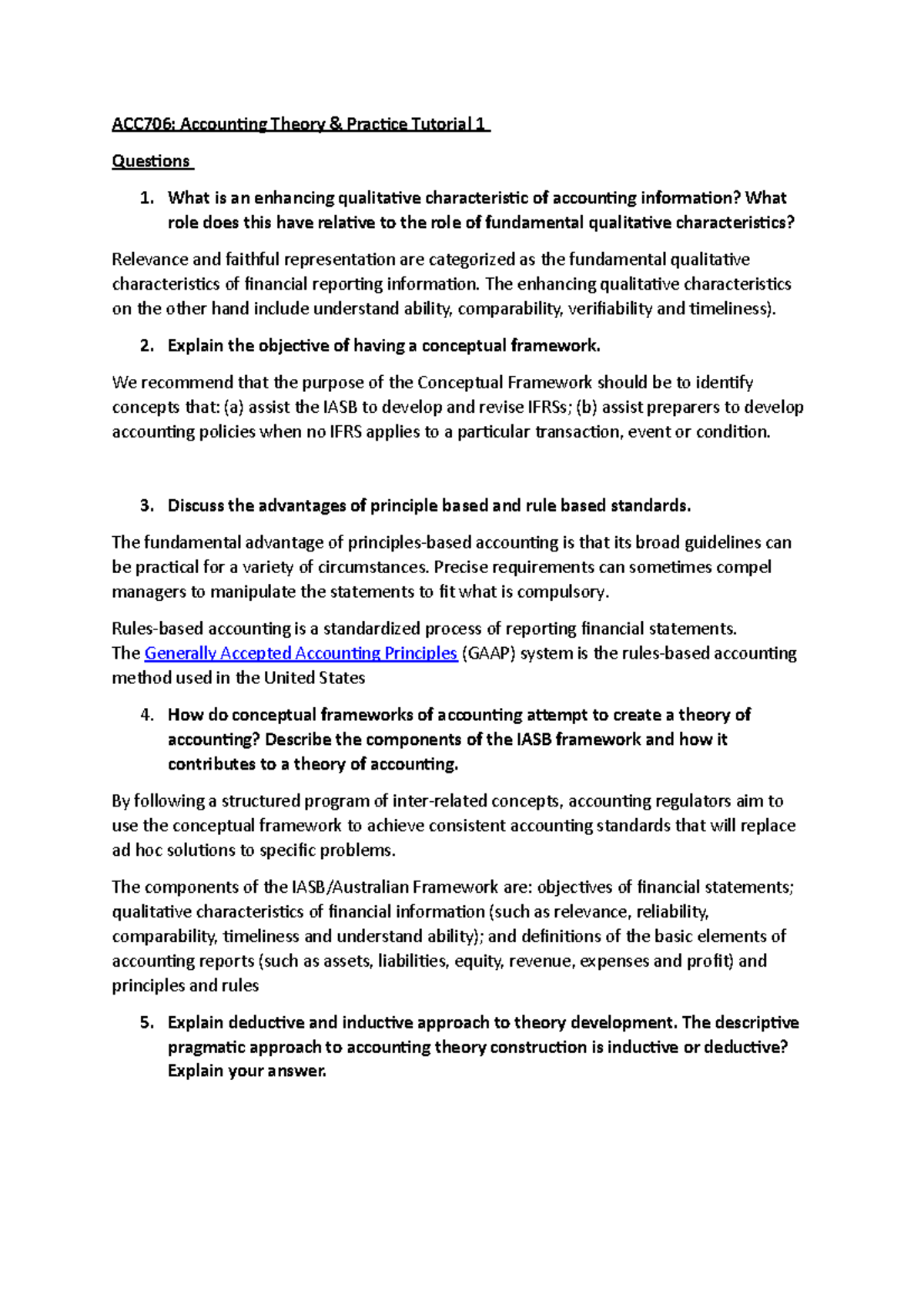 ACC706 tutorial 1 - ACC706: Accounting Theory & Practice Tutorial 1 Questions 1. What is an ...
