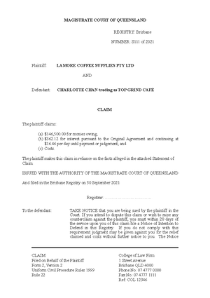 Affidavit for default judgement - MAGISTRATES COURT OF QUEENSLAND ...