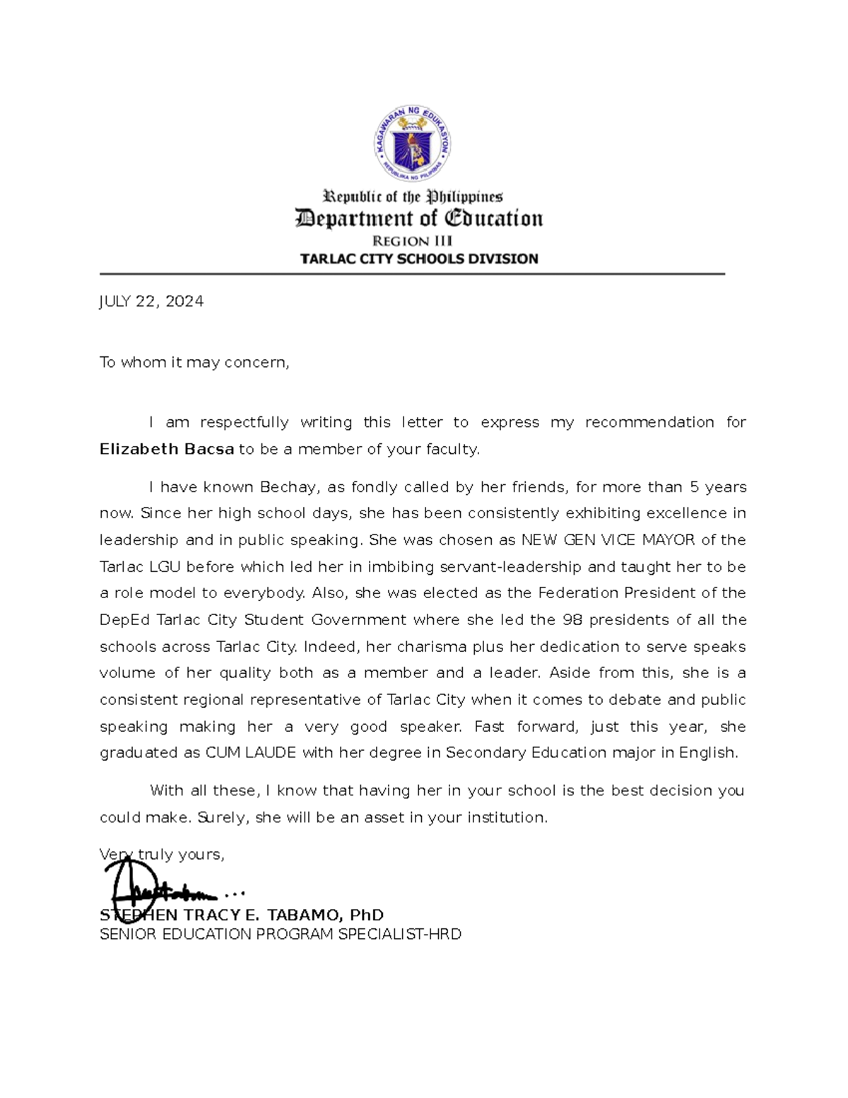 Recommendation Letter - JULY 22, 2024 To whom it may concern, I am ...