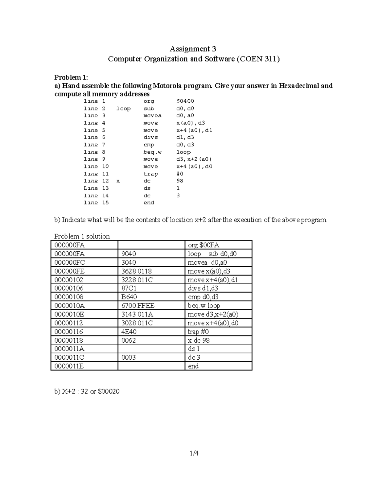 Ass3 sol - Assignment 3 Computer Organization and Software (COEN 311 ...