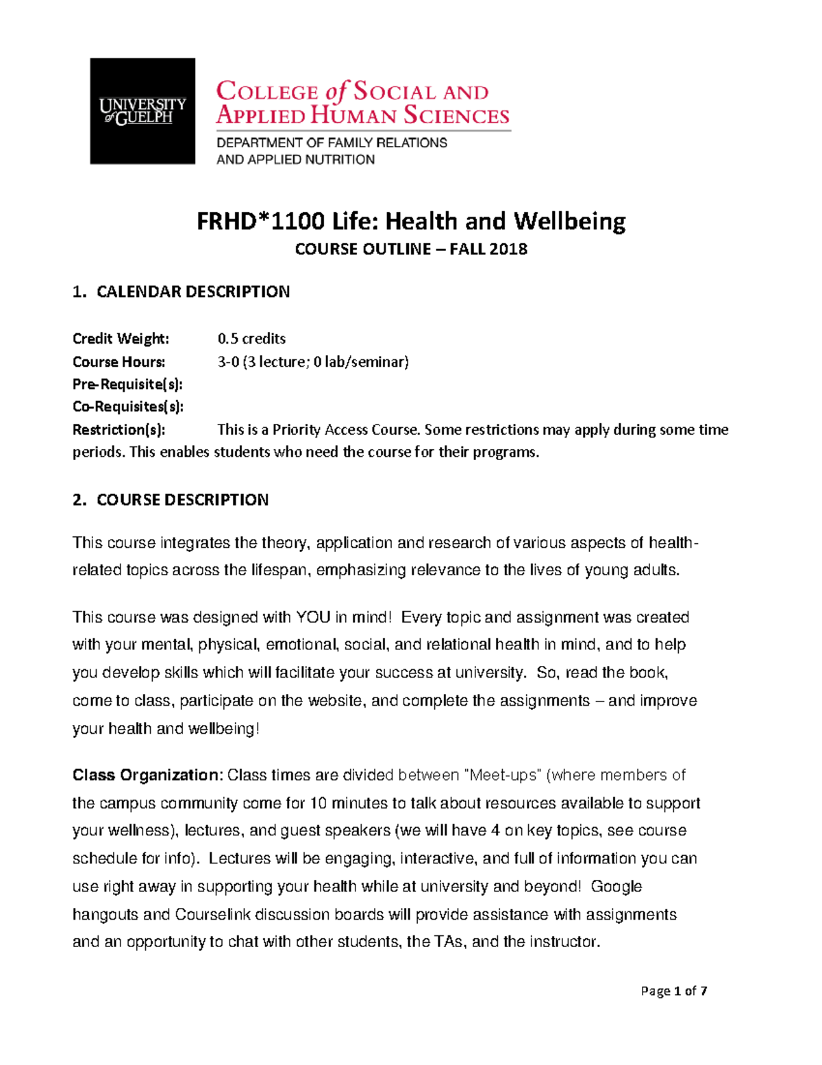 FRHD1100 F18 - FRHD*1100 Life: Health and Wellbeing COURSE OUTLINE ...