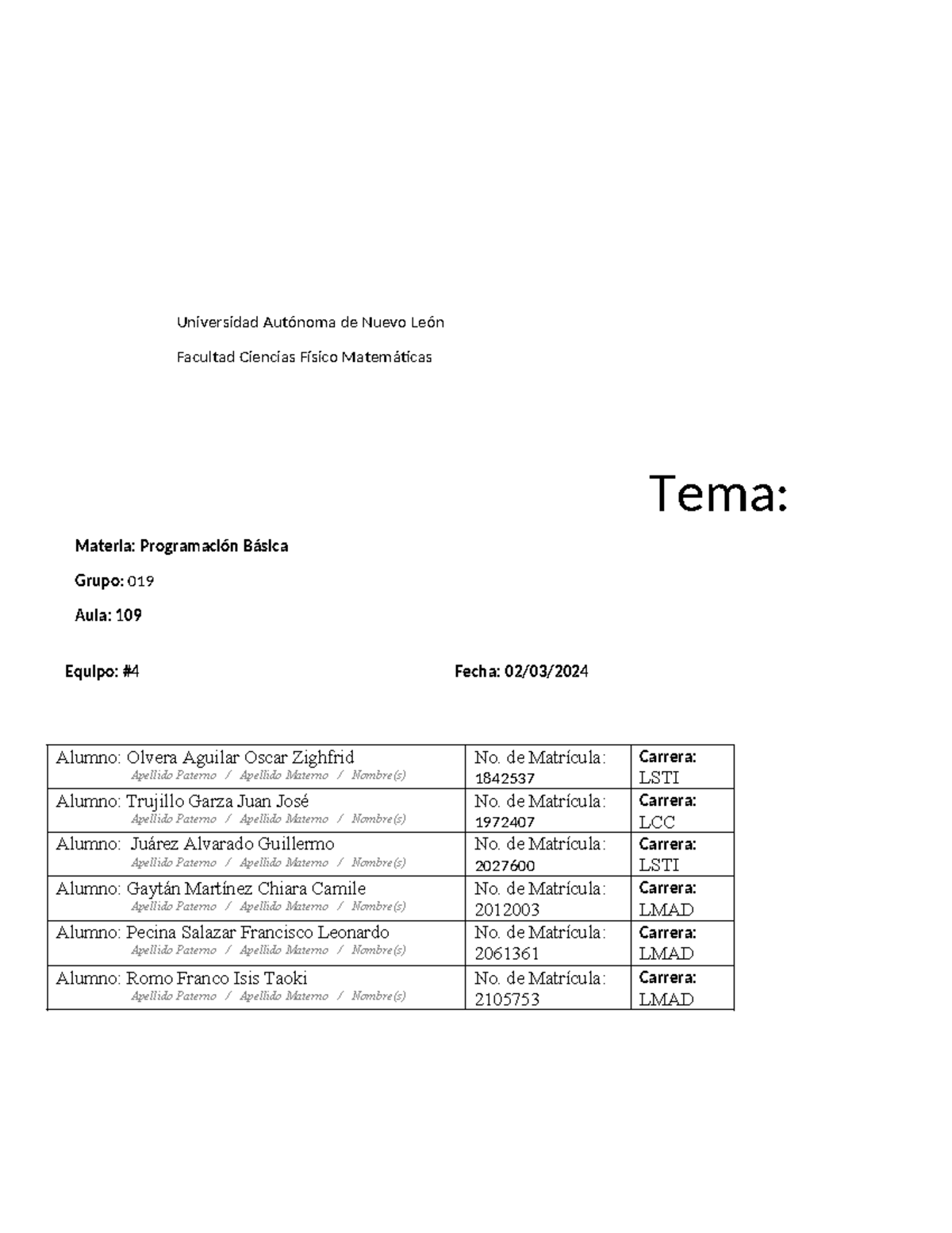 Lab 1 progra - Materia: Programación Básica Grupo: 019 Aula: 109 Equipo ...