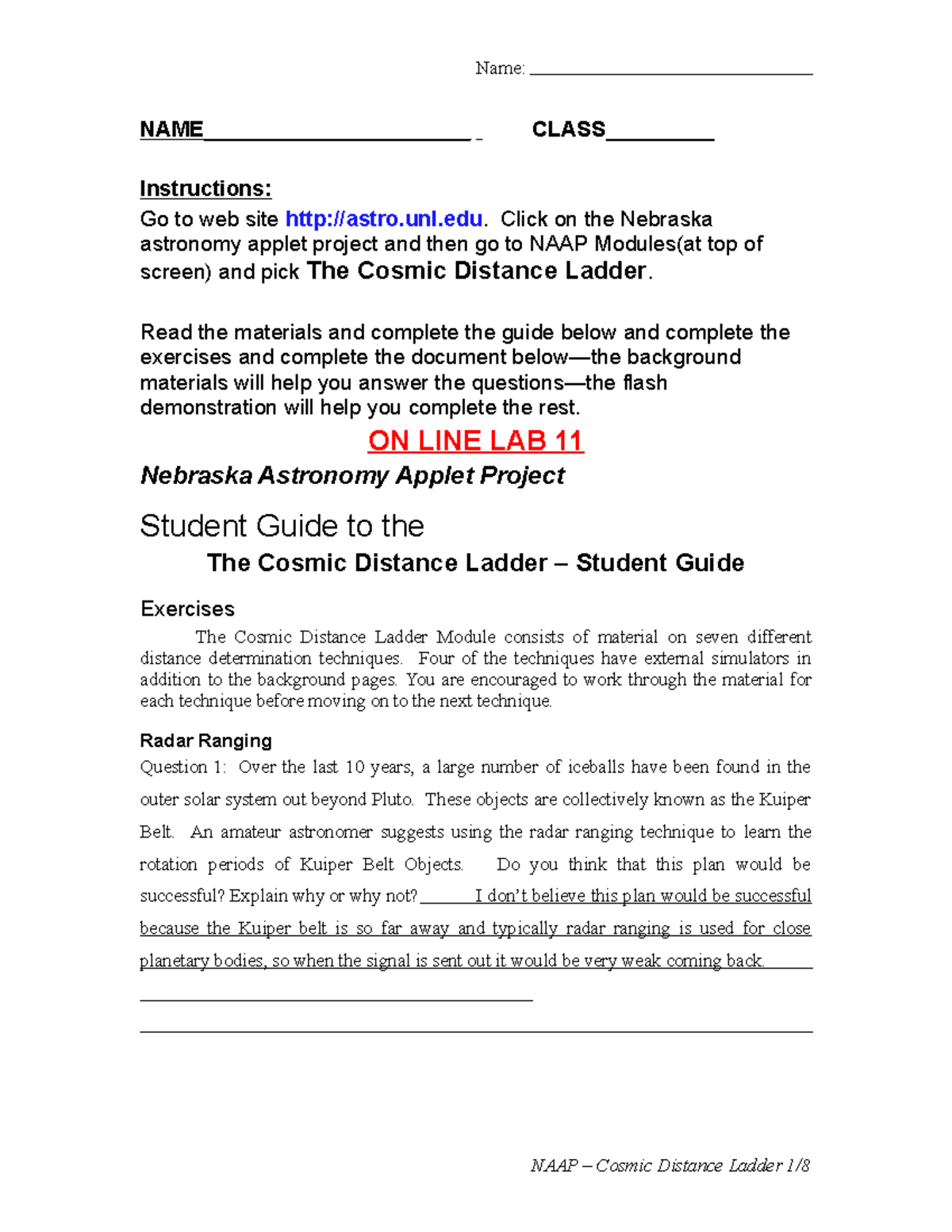 Cosmic Ladder Lab 11 - Name: NAME______________________ CLASS ...