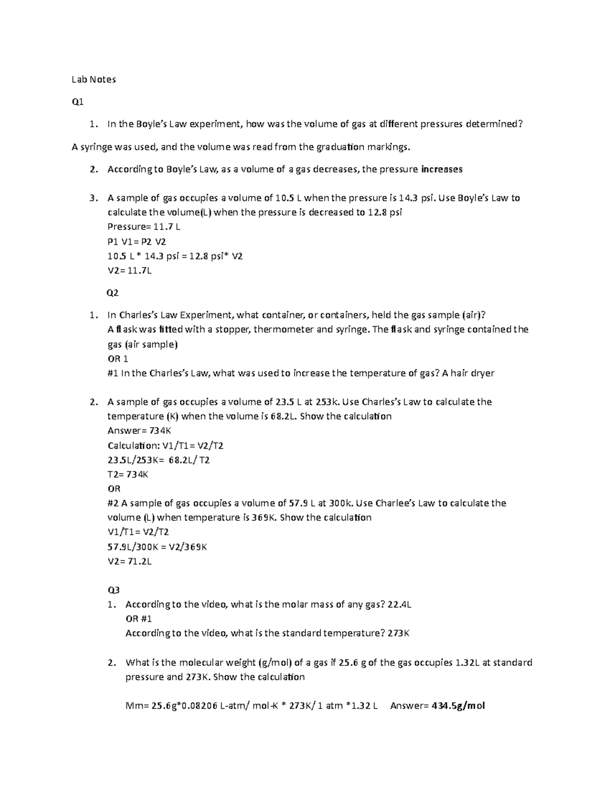 Lab Notes experiment 5 - Lab Notes Q In the Boyle’s Law experiment, how ...