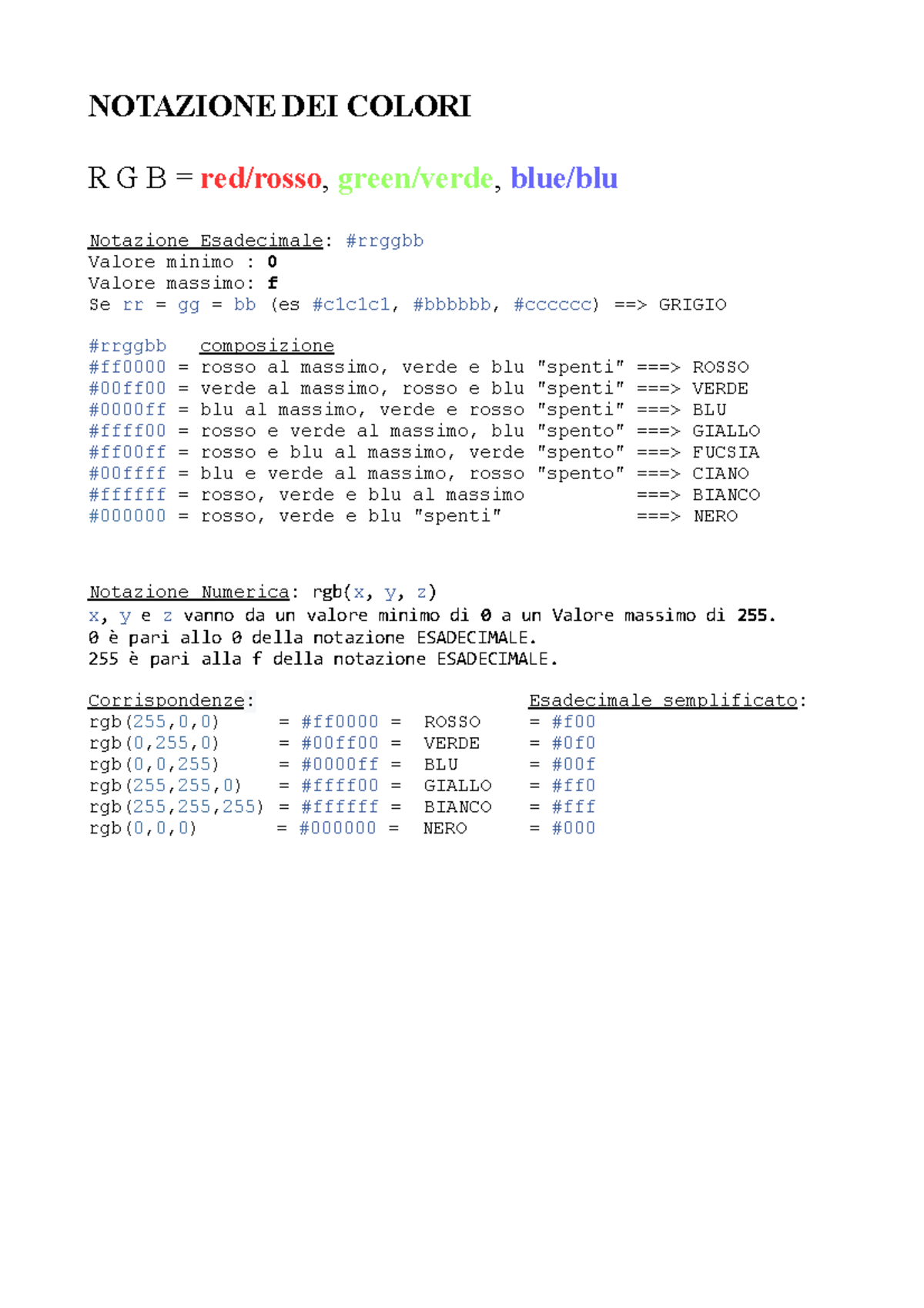 Colori - NOTAZIONE DEI COLORI R G B = red/rosso, green/verde, blue/blu ...