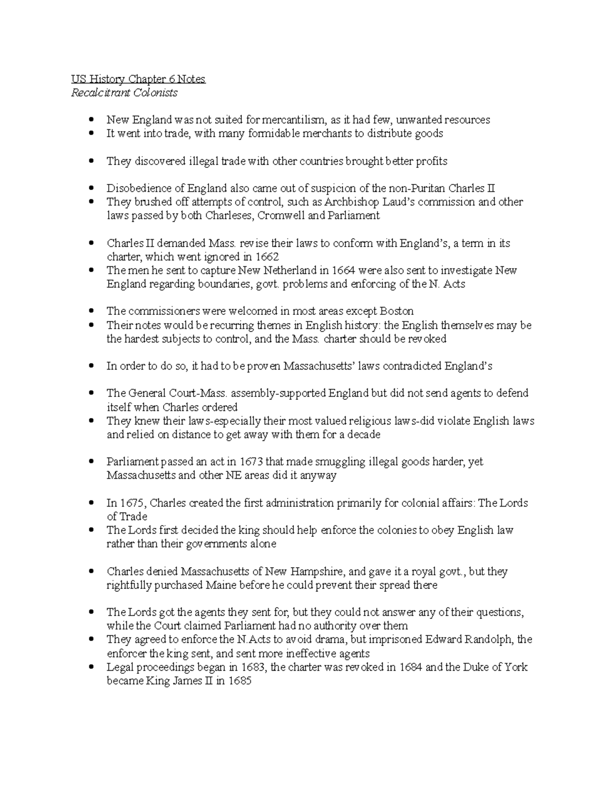 US History Chapter 6 Notes - US History Chapter 6 Notes Recalcitrant ...
