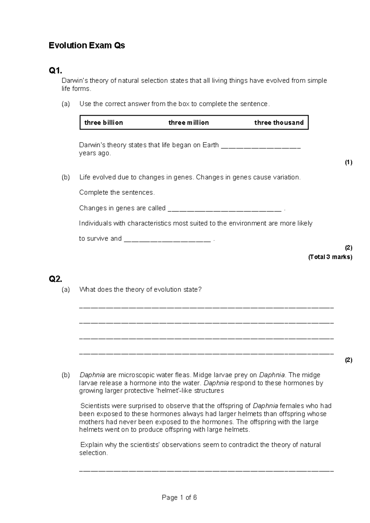 Exxam Question Hippo - thanks - Evolution Exam Qs Q1. Darwin’s theory ...