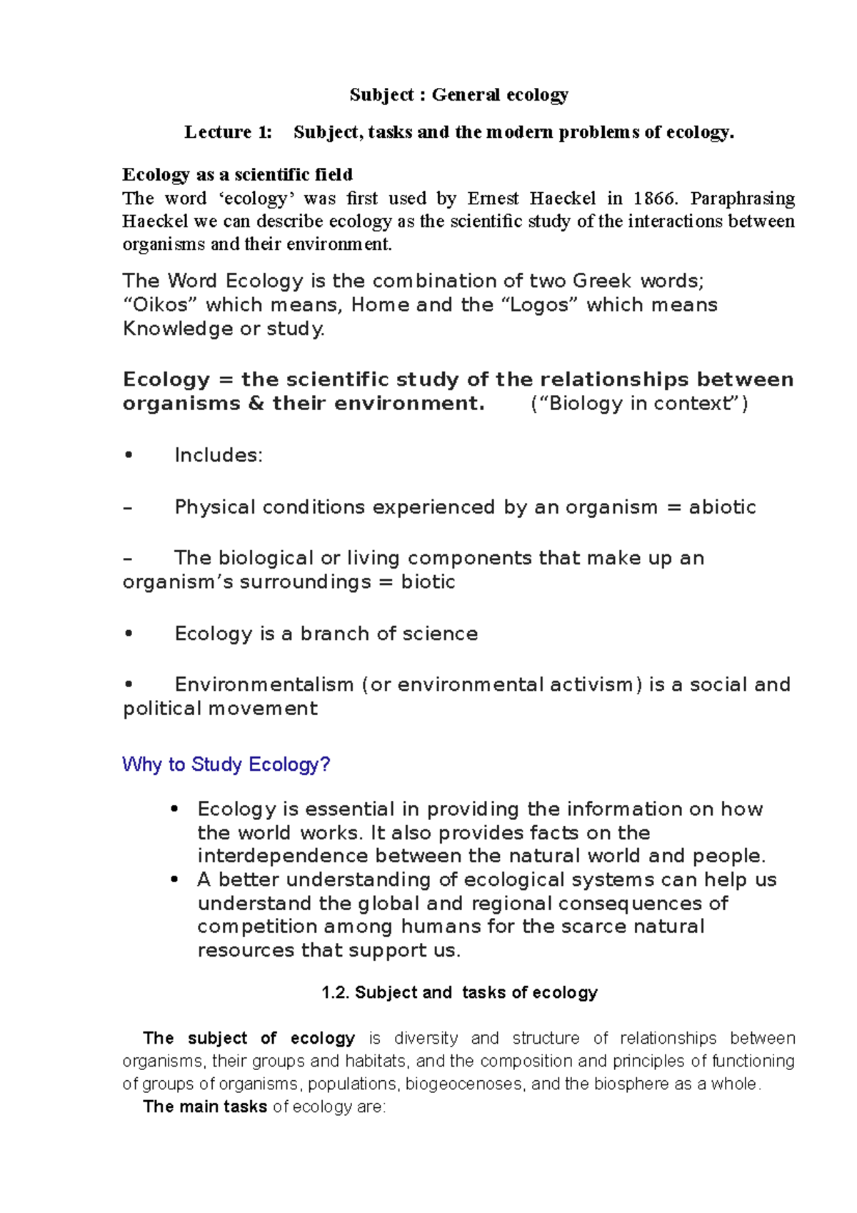 Lec-gen ecology 1 - General Ecology - BDU - Studocu