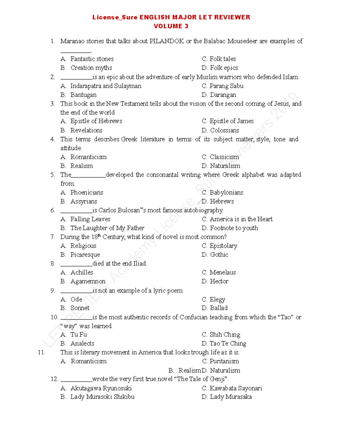 450 Items English Major Reviewer - License_Sure ENGLISH MAJOR LET ...