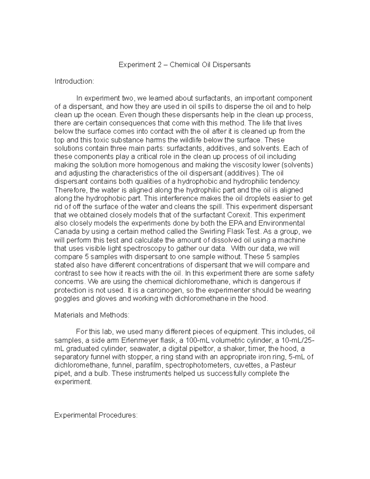 Chem Lab 2 - Chemistry Lab Work - Experiment 2 Chemical Oil Dispersants ...