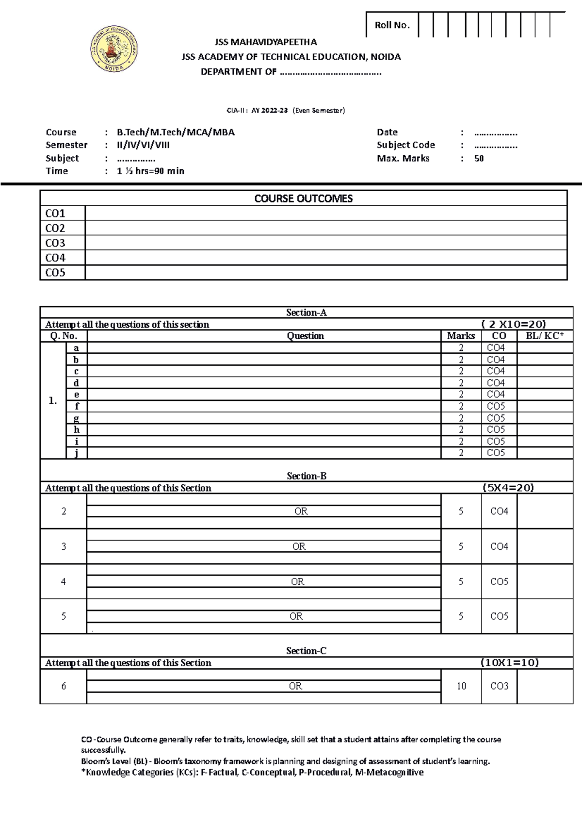 Sample paper for CIA-1 even sem 1 and 2h year (2022-2023) Final - JSS MAHAVIDYAPEETHA JSS ...