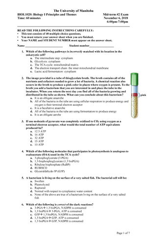 Exam i 4 March 2016, questions and answers - BIOL 1020: Principles of ...
