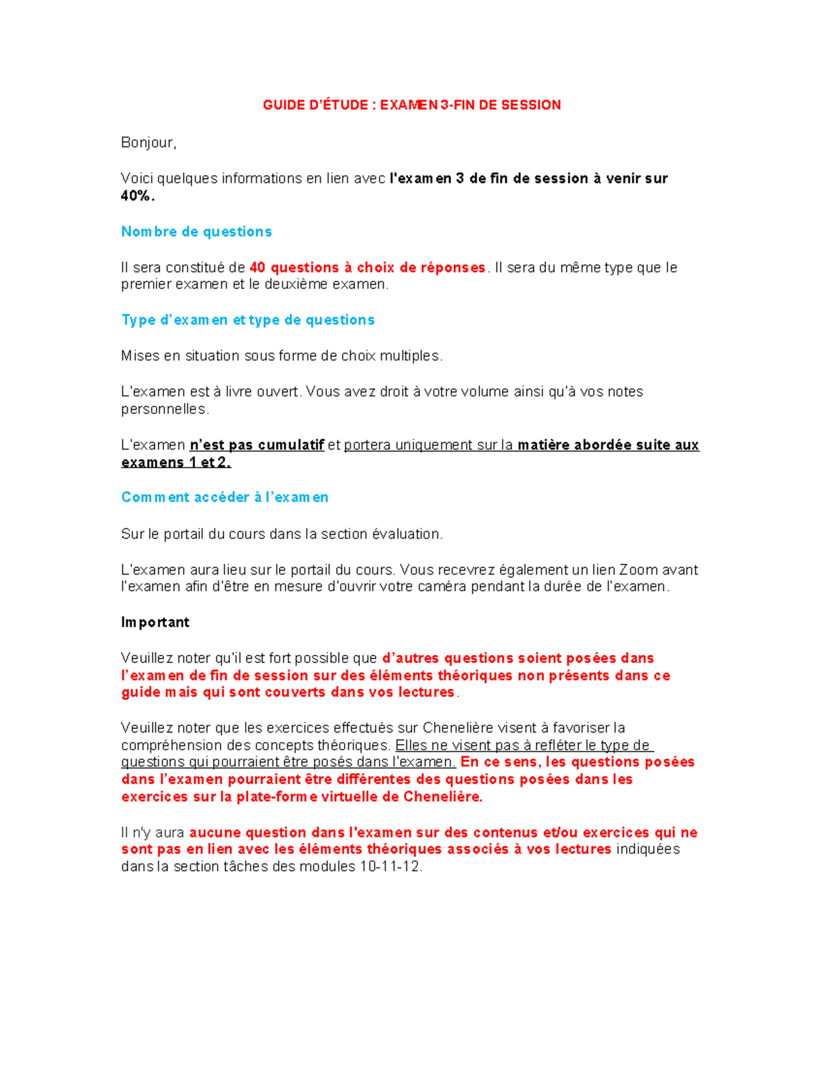 PSY-0100-A22-Z1-Guide étude examen 3 - GUIDE D’ÉTUDE : EXAMEN 3-FIN DE SESSION Bonjour, Voici ...