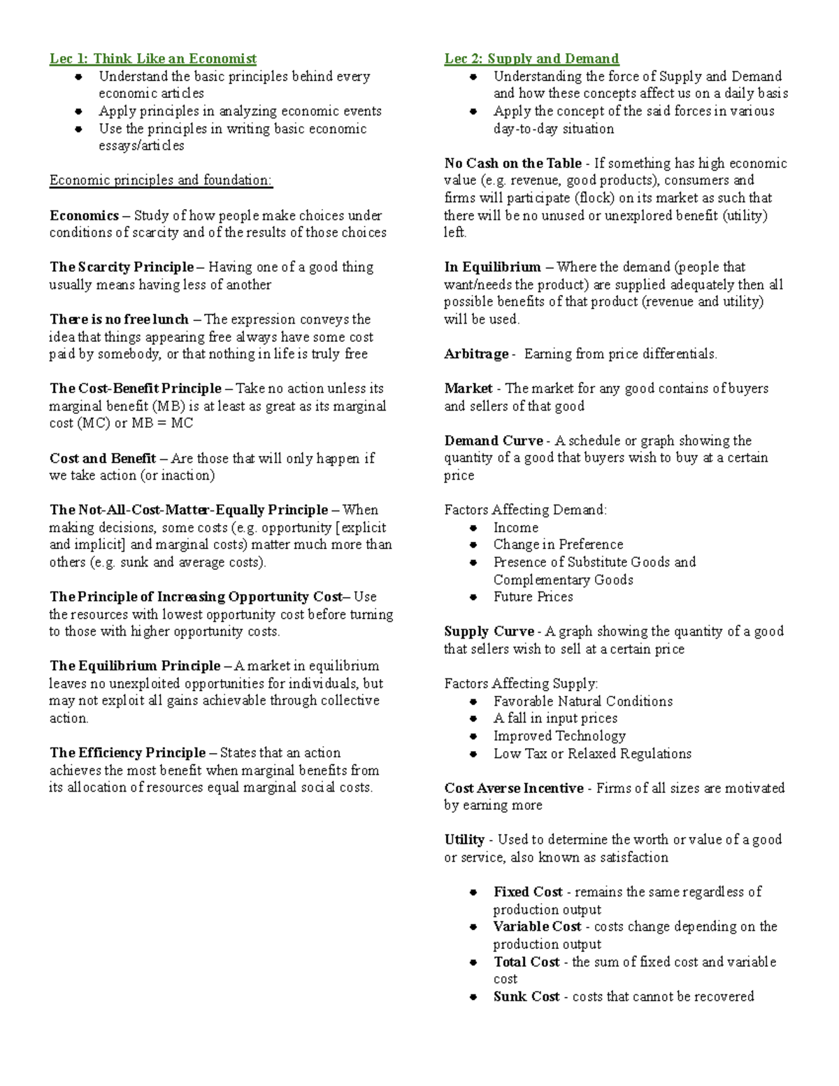 ECON QUIZ 1 Notes - Discussion Summary - Lec 1: Think Like an Economist ...