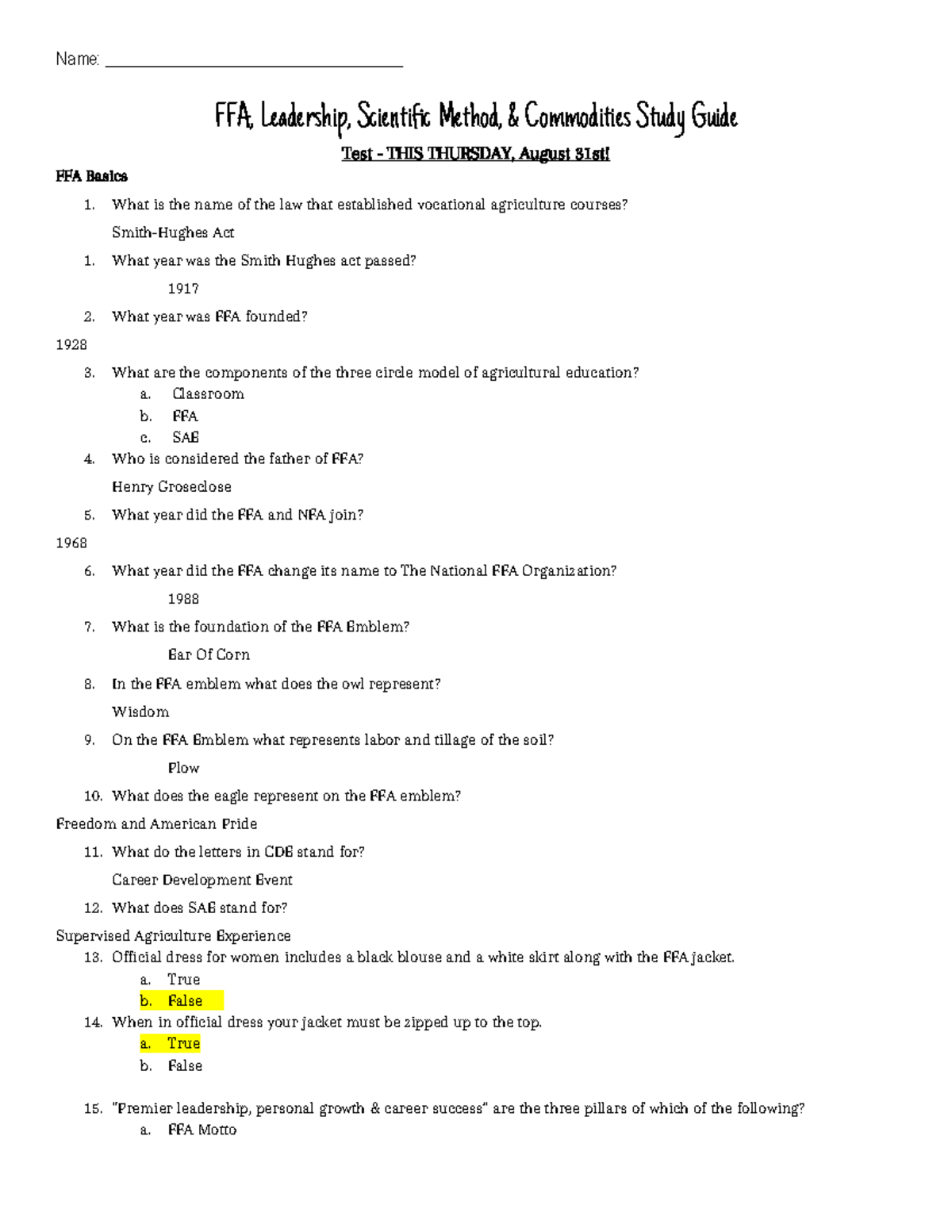 Copy of FFA, Leadership, Scientific Method Commodity Test Study Guide ...