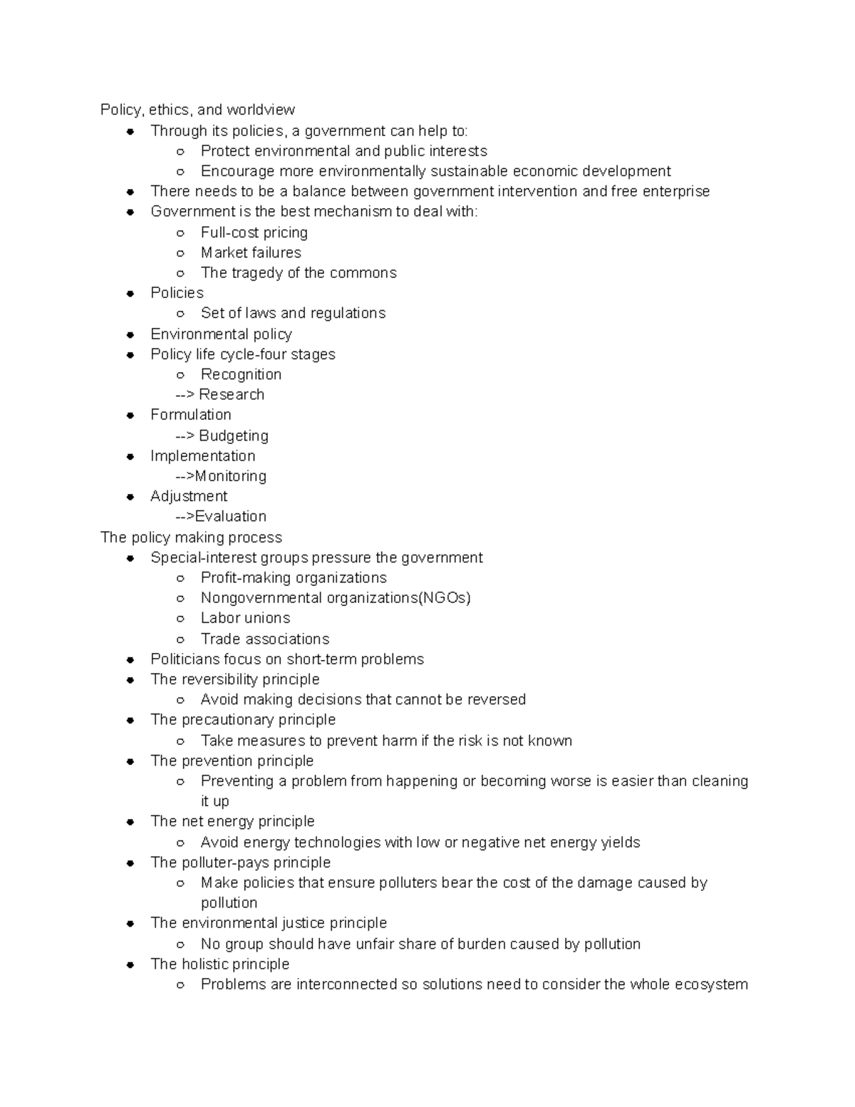Intro to Environmental Science- Policy, ethics, and worldview - Policy ...