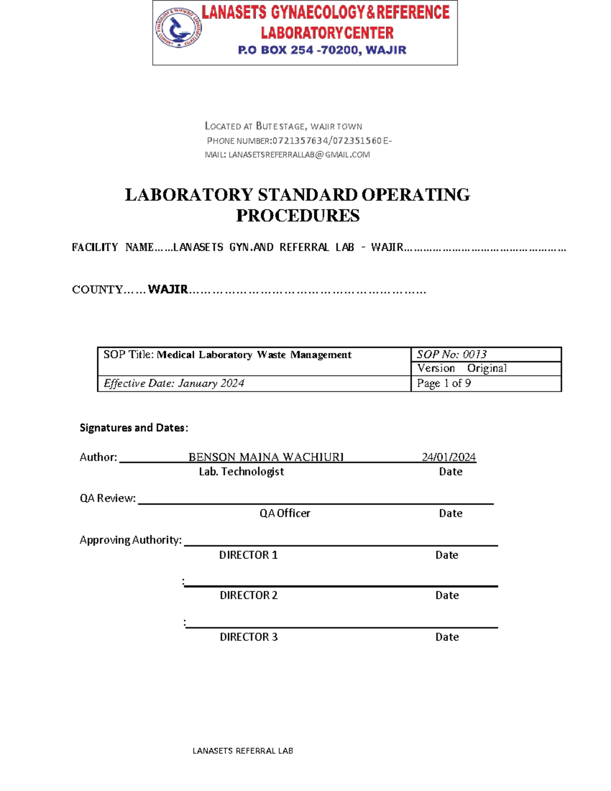 Medical Laboratory Waste Management Instruction SOP 0013 - LANASETS ...