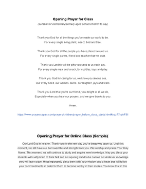 Prayer before and after class - PRAYER AFTER THE CLASS We thank you for ...