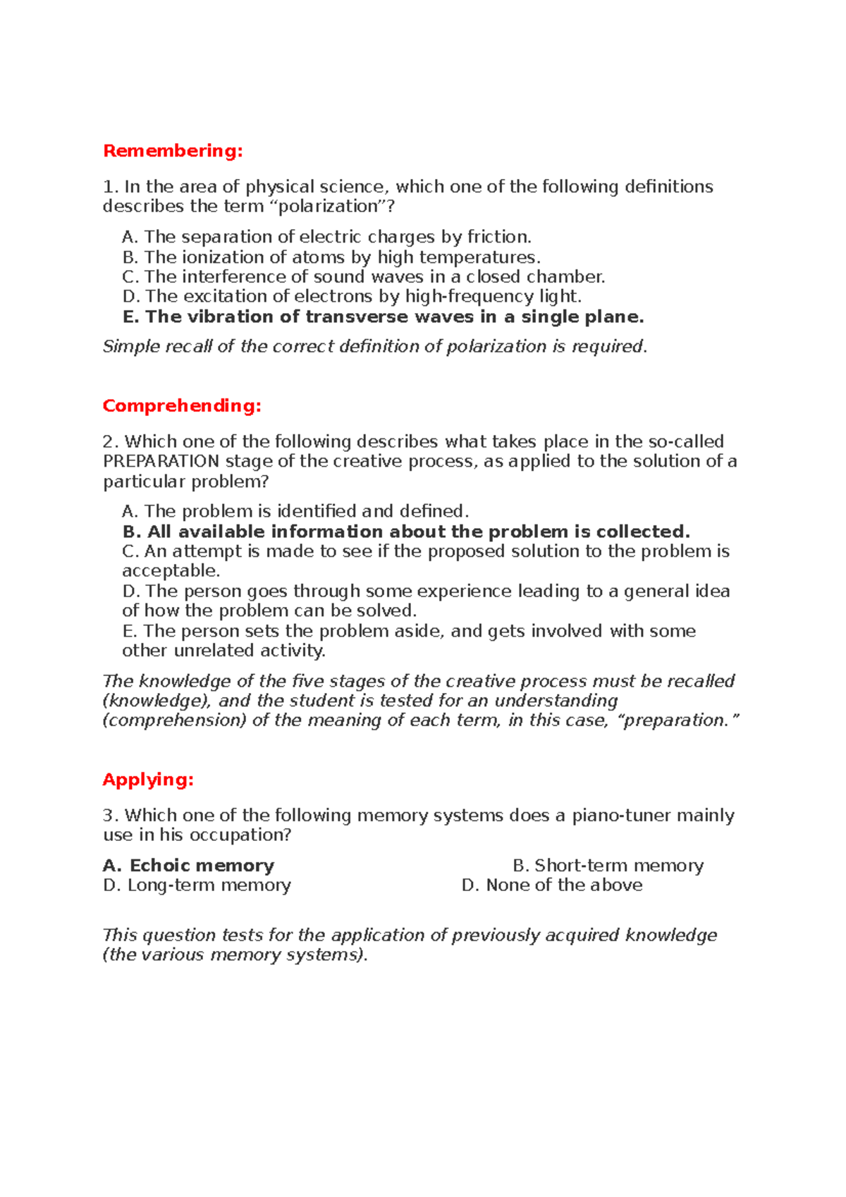 SAmple Multiple choice Bloom Taxonomy - Remembering: In the area of ...