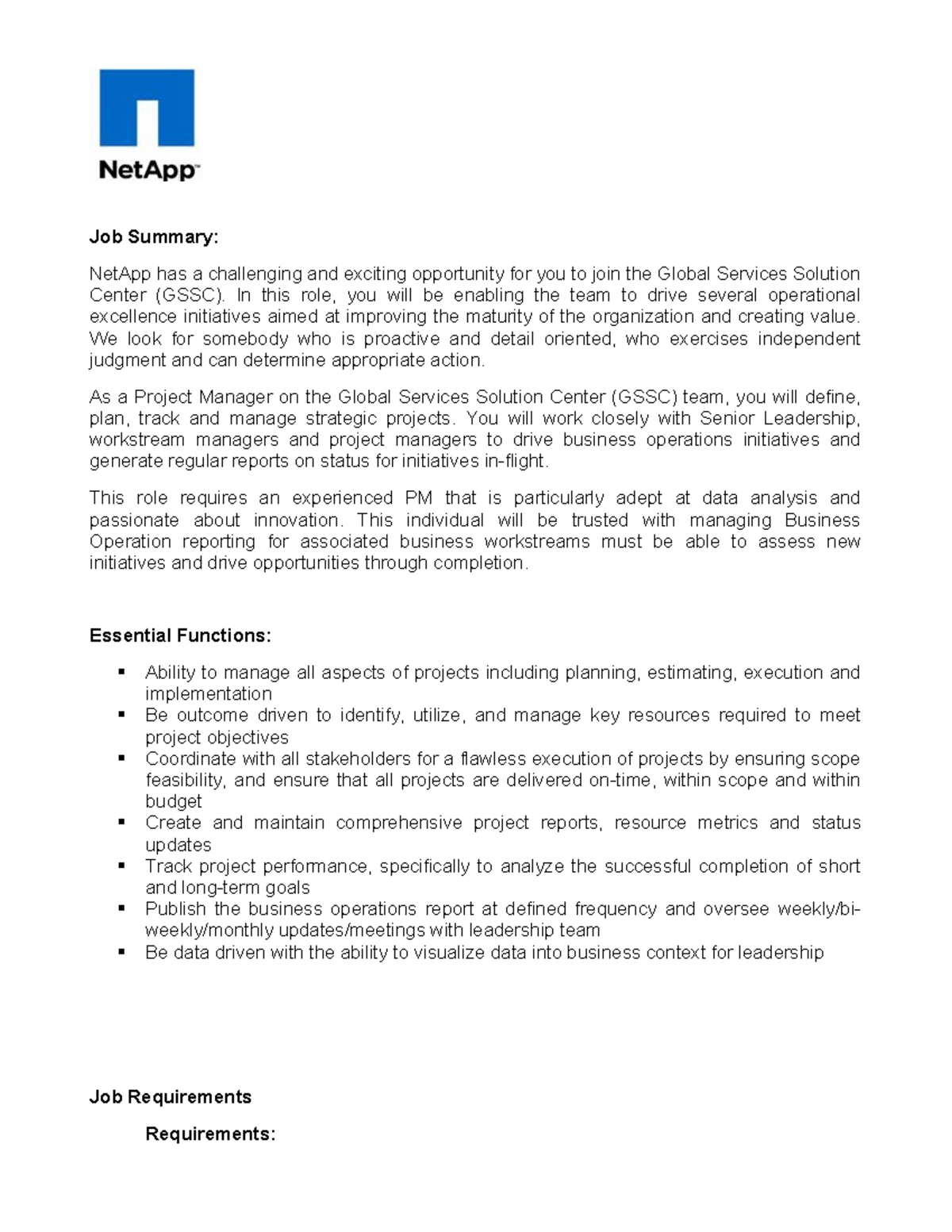GSSC Internal Project Manager - Job Summary: NetApp has a challenging ...