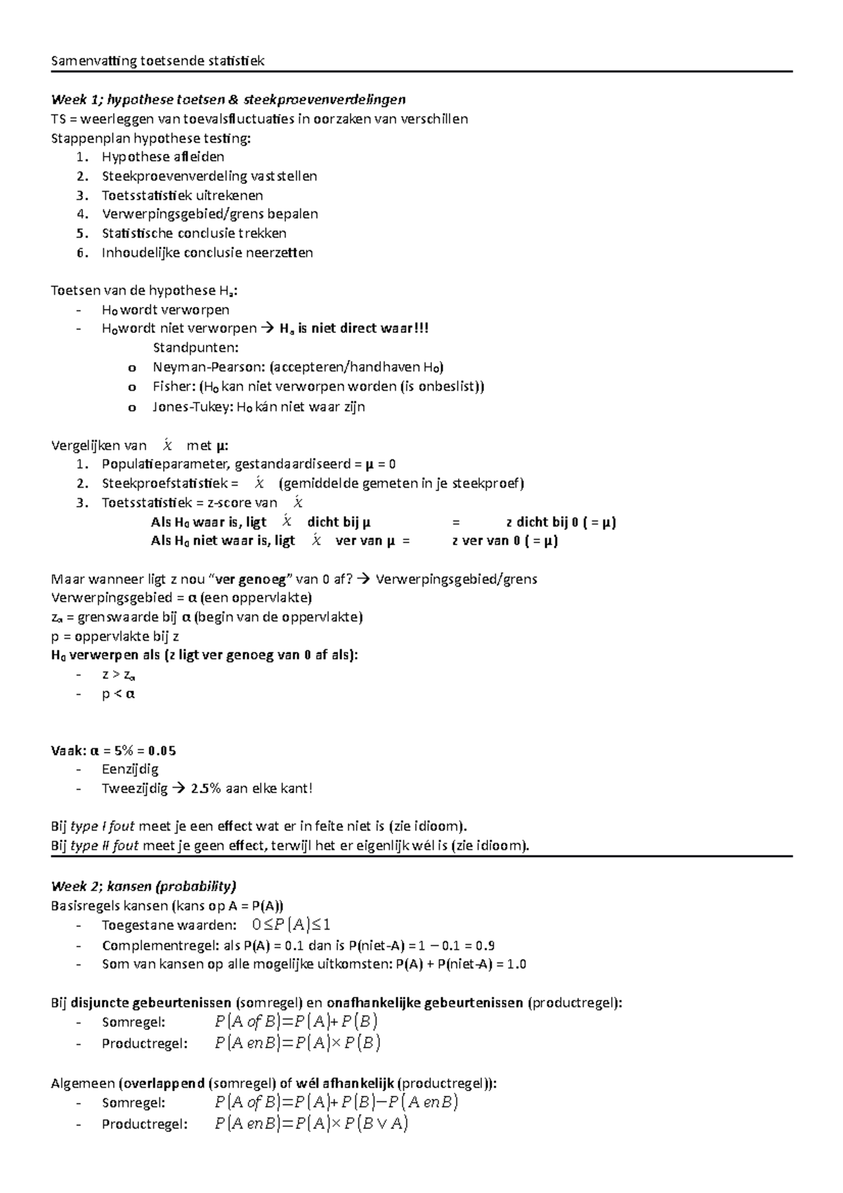 Samenvatting toetsende statistiek - Hypothese afleiden 2 ...