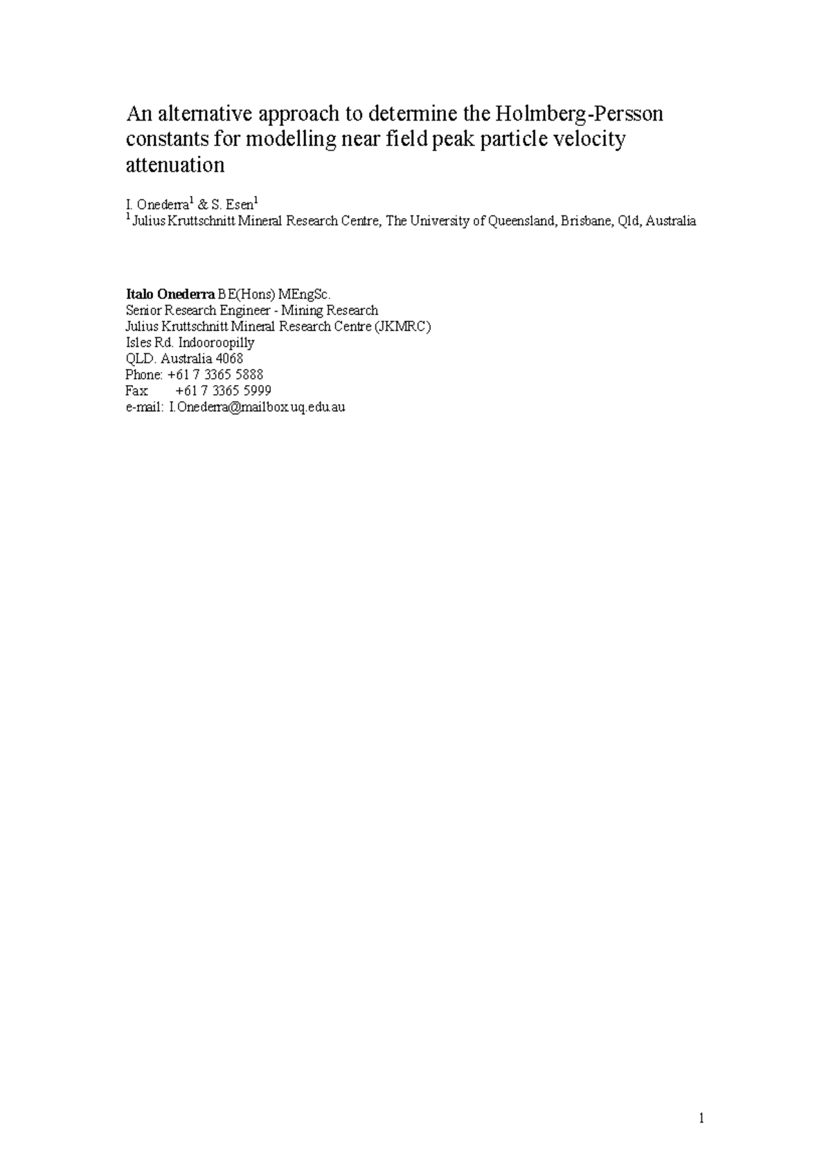 An alternative approach to determine the Holmberg-Persson (Onederra ...