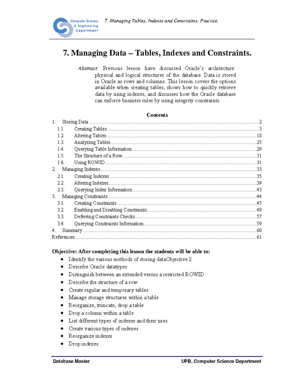 7 Advanced Database Management 7 Managing Data Tables Indexes And Constraints Abstract
