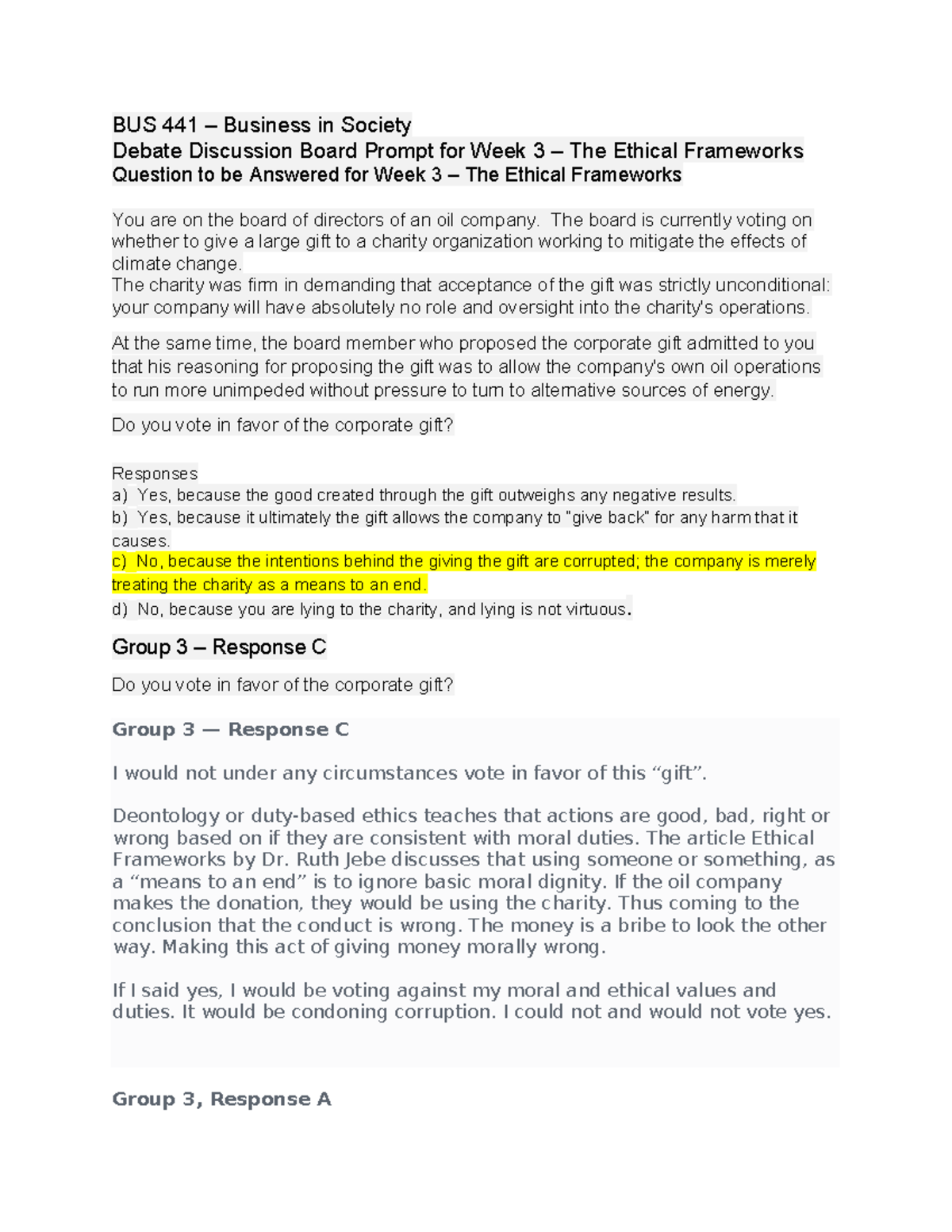Debate Discussion Board #2 - BUS 441 – Business in Society Debate ...