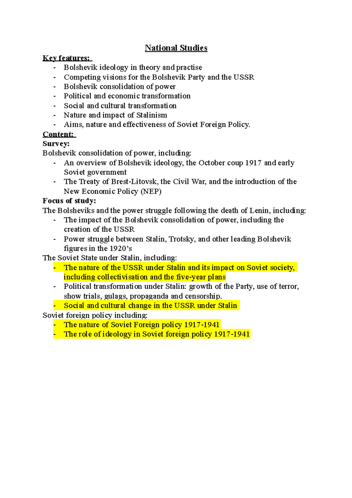 National Studies - notes - National Studies Key features: - Bolshevik ...