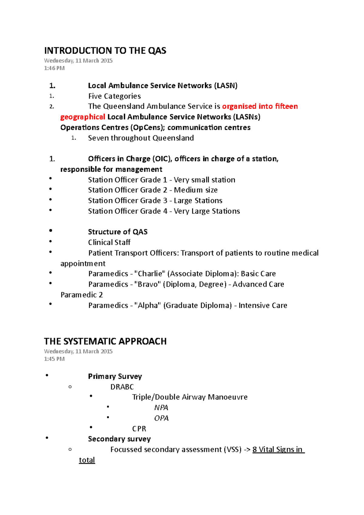 Paramedic Notes Csb330 Scanlon - INTRODUCTION TO THE QAS Wednesday, 11 ...