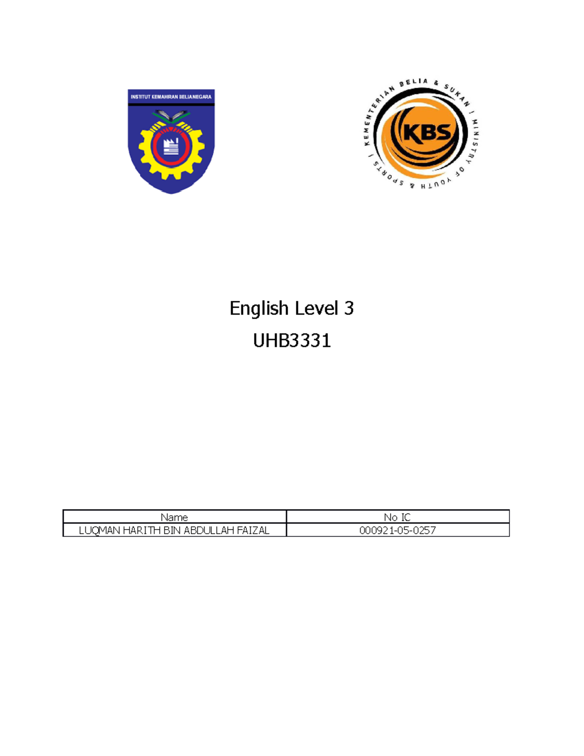 Arthur english sem 3 - baca la - English Level 3 UHB Name No IC LUQMAN ...
