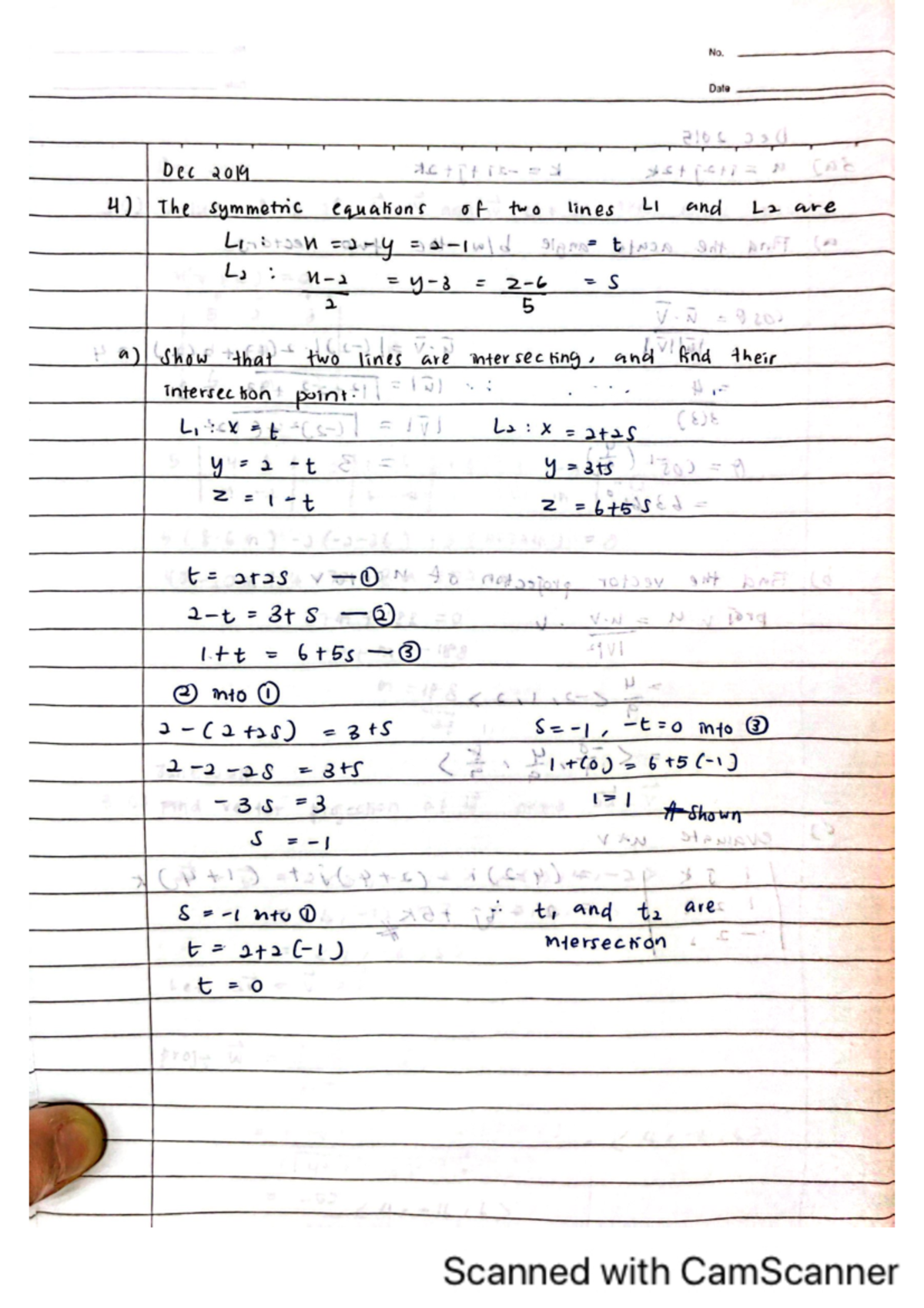 Mat491 tutowork - No. Date Dec 2019 4) The symmetric equations of two lines LI and L2 are ...