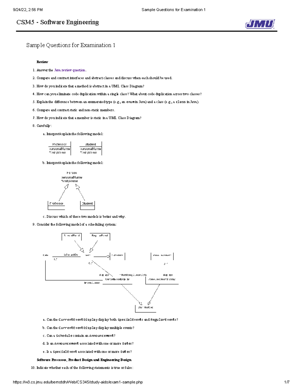 Sample Questions for Examination 1 - CS345 - Software Engineering ...
