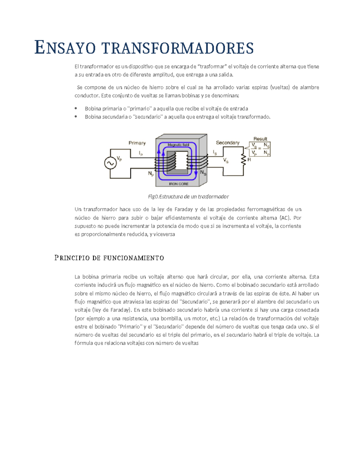 399687495-Ensayo-Transformadores - ENSAYO TRANSFORMADORES El transformador es un dispositivo que ...