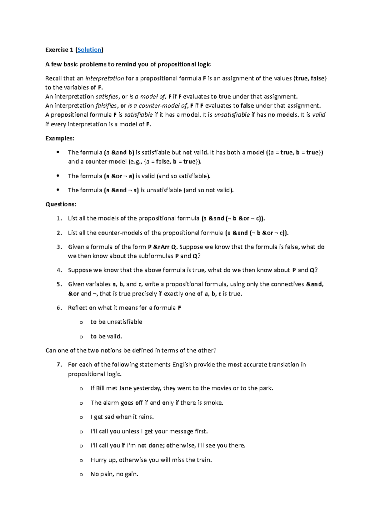 Exercise 1 Formal Methods - Exercise 1 (Solution) A few basic problems ...