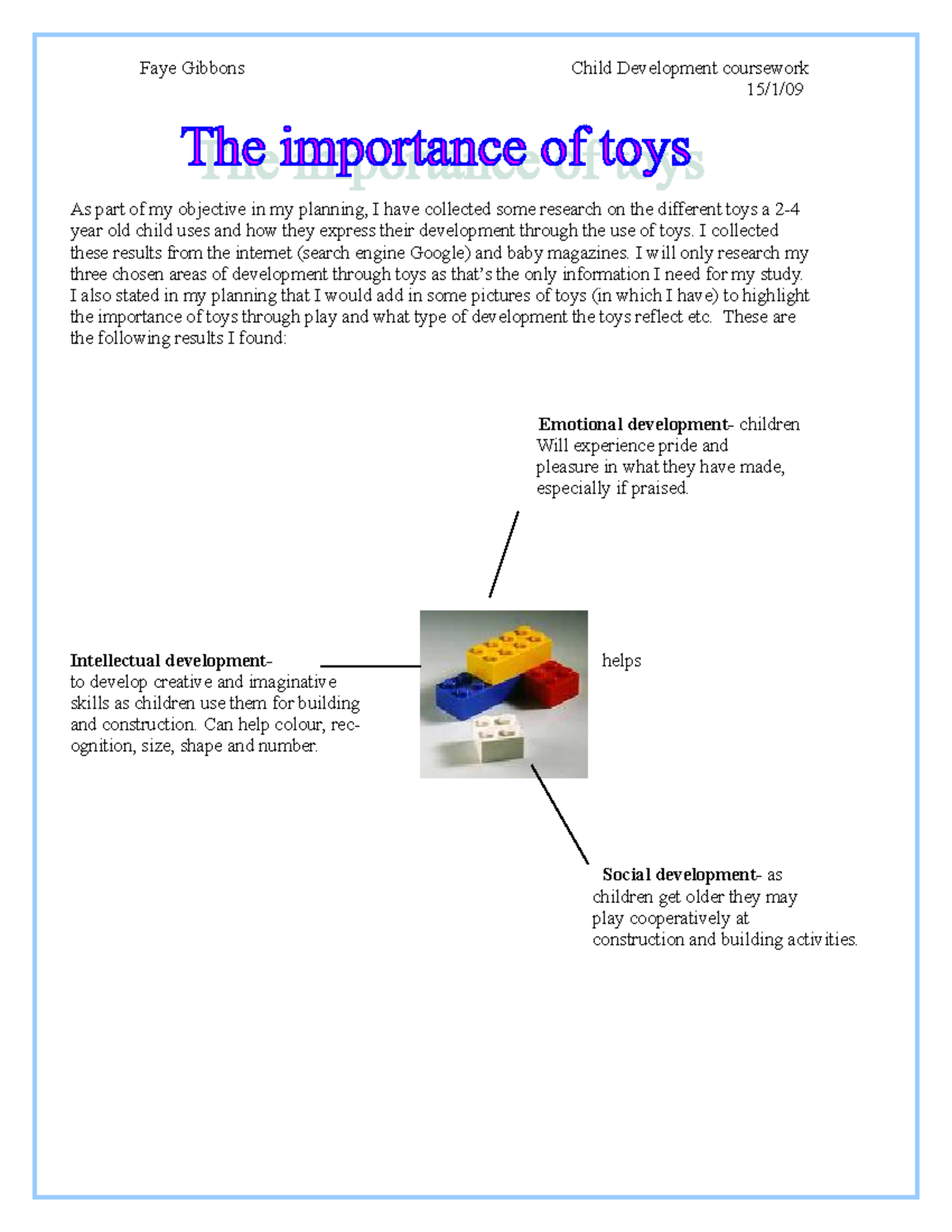 The importance of toys - Faye Gibbons Child Development coursework 15/1 ...