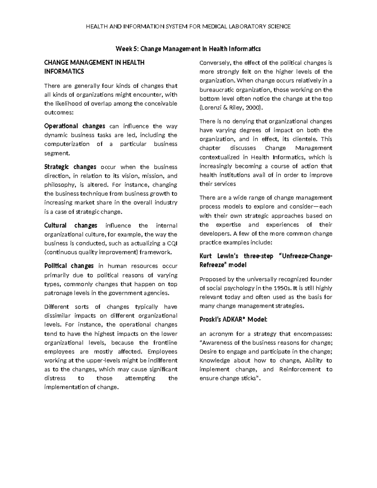 5. WEEK 5- Change Management IN Health Informatics - Week 5: Change ...