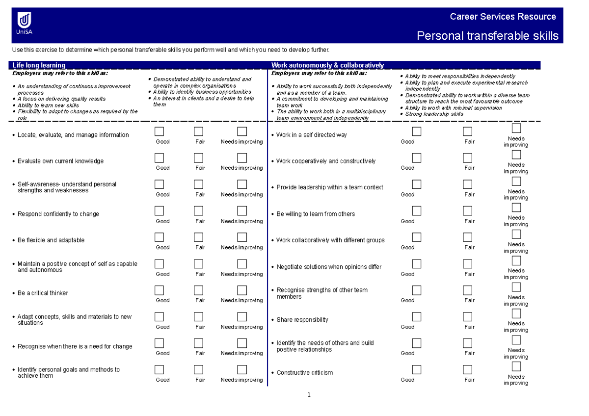 Transferrable Skills Worksheets (2) 2 - Career Services Resource ...