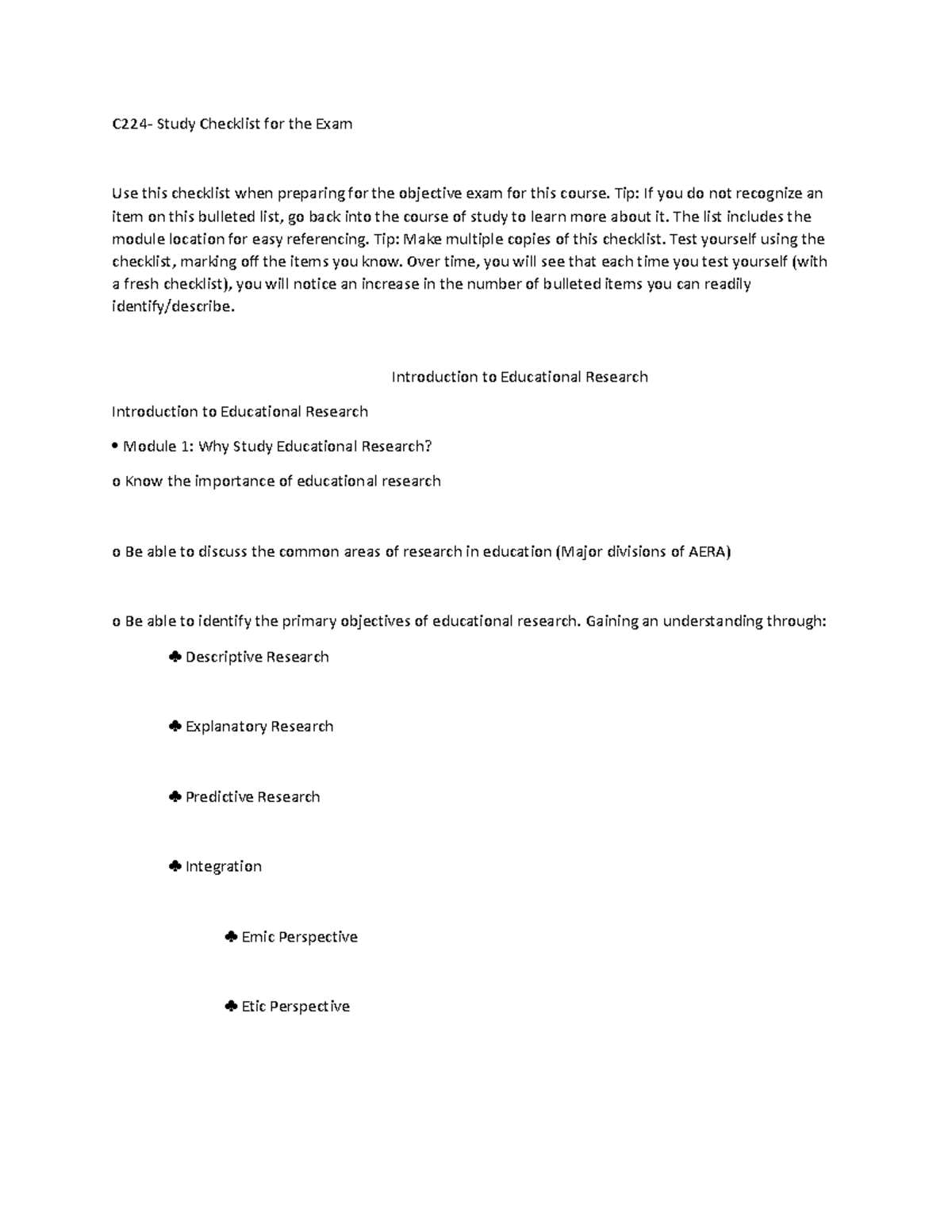 C224 Study Checklist in WORD - C224- Study Checklist for the Exam Use ...