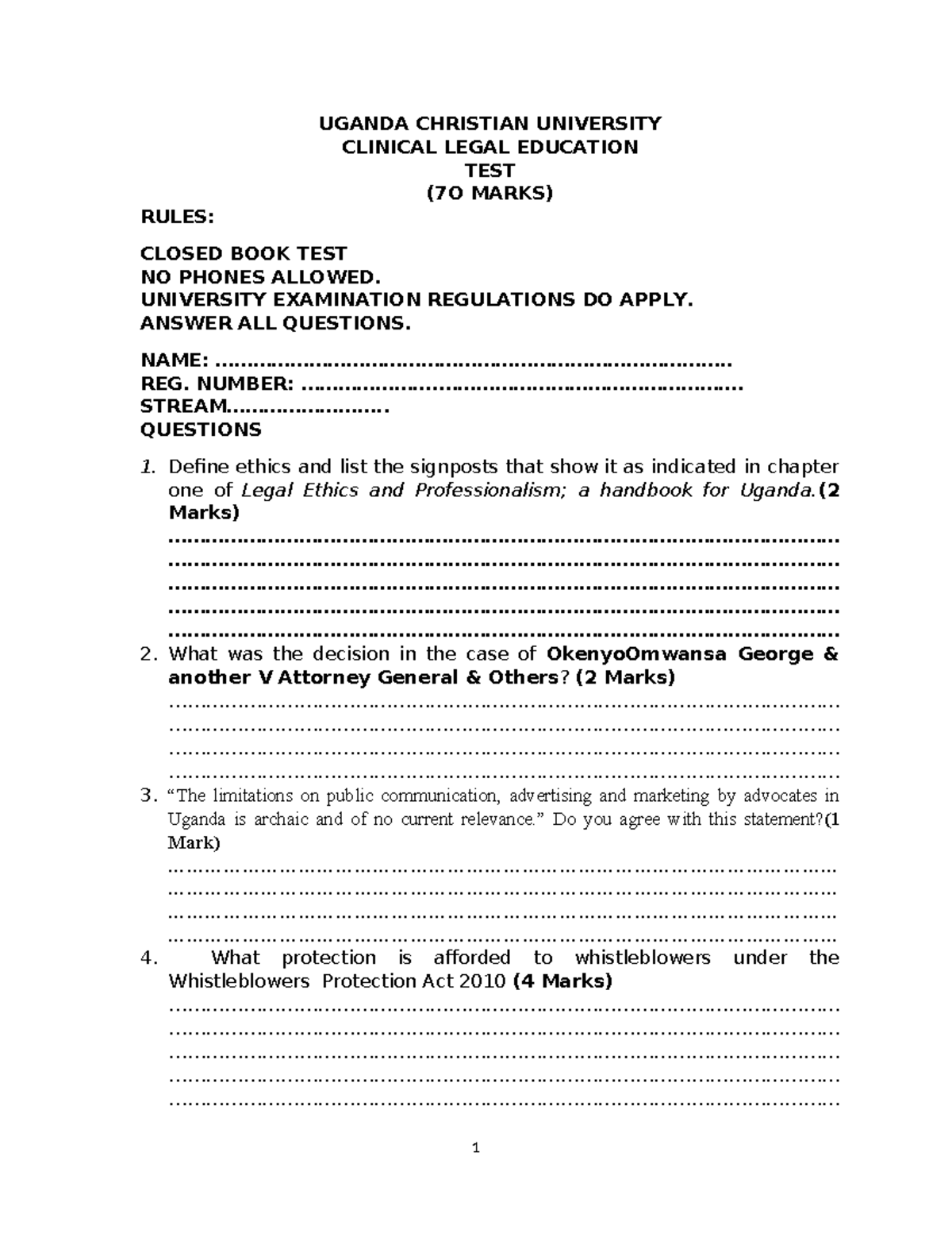 CLE TEST 2022 - Sample test - UGANDA CHRISTIAN UNIVERSITY CLINICAL ...