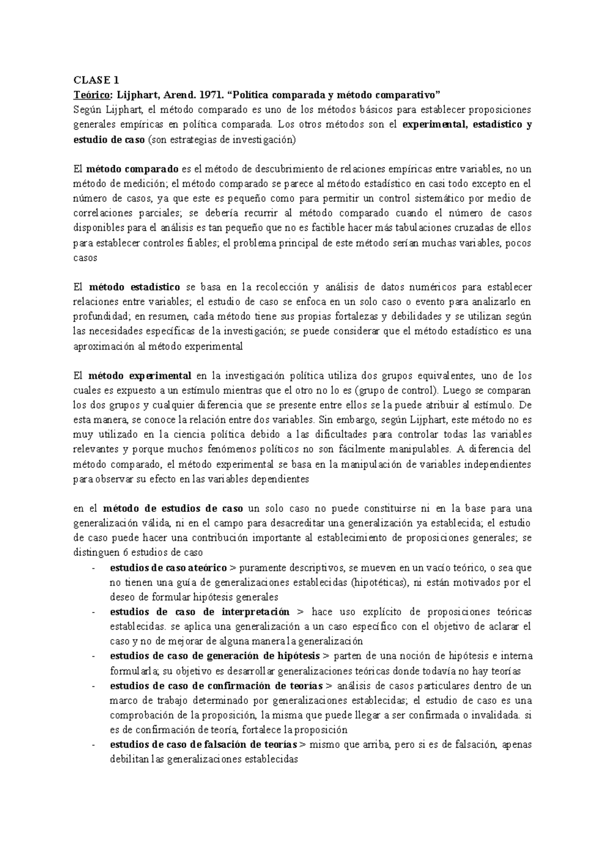 Resumen primer parcial politica comparada - CLASE 1 Teórico: Lijphart ...
