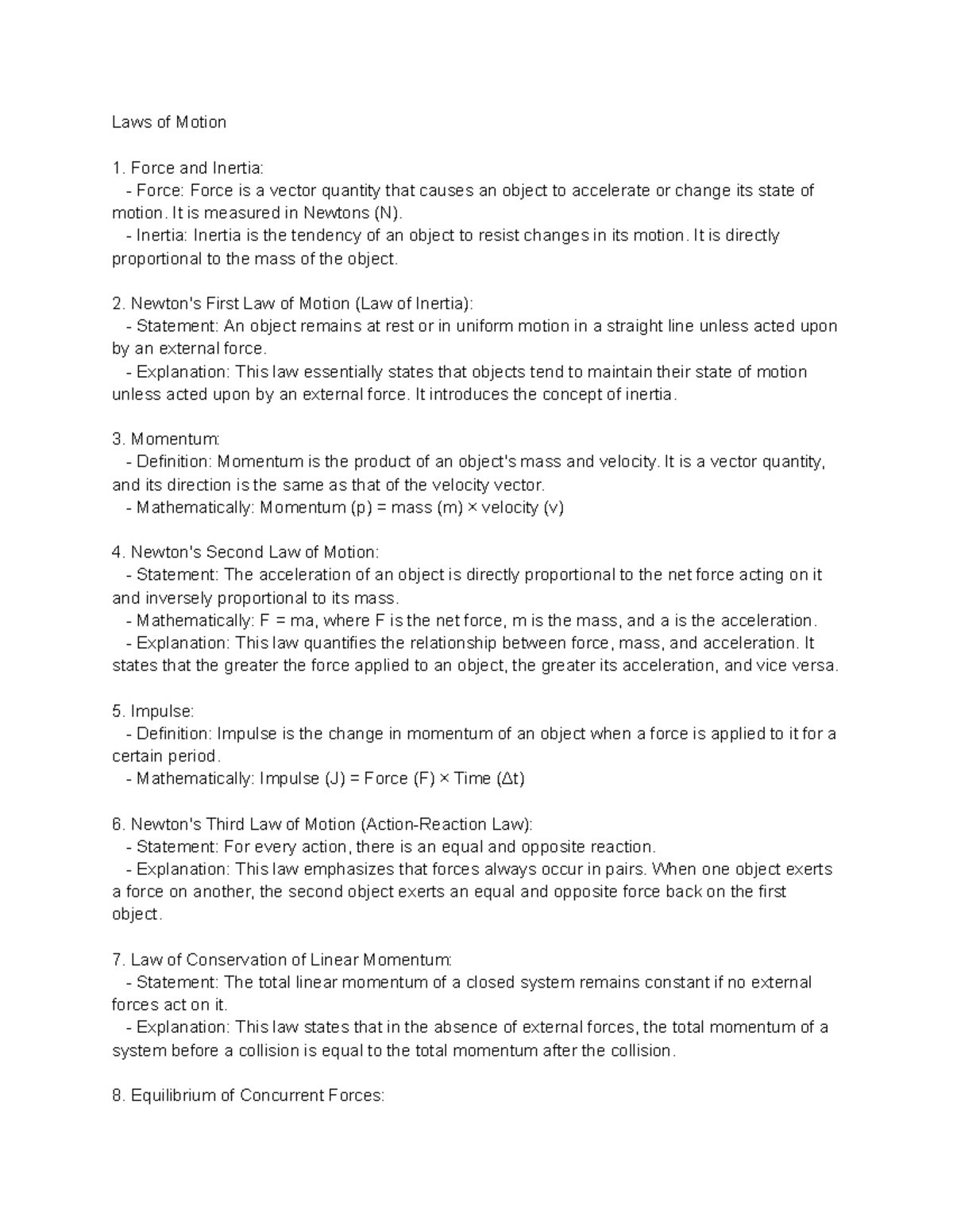 Laws of Motion - Summary Physics / Chemistry - Laws of Motion Force and ...