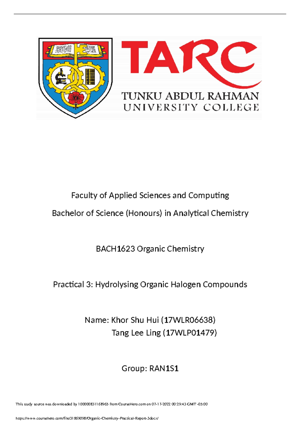 Organic Chemistry Practical Report 3 - Faculty of Applied Sciences and ...
