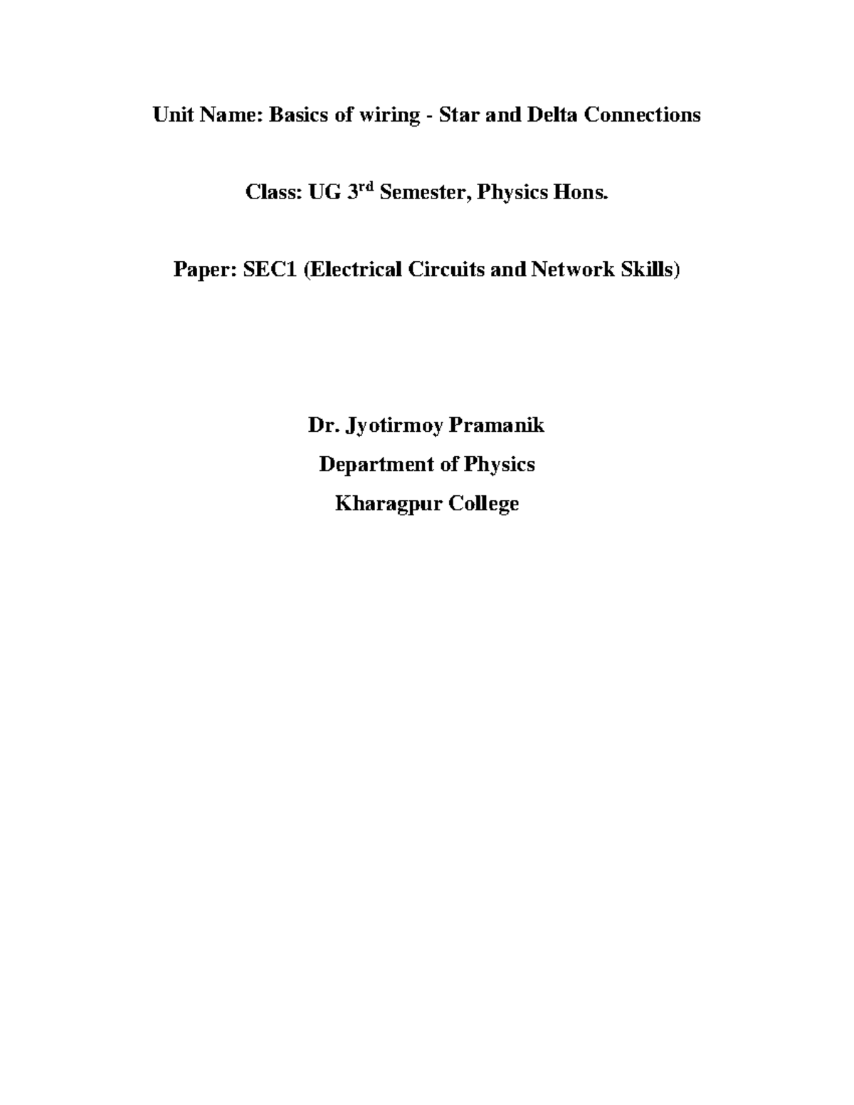 05426 Study materials for 3rd sem SEC1 Basics of wiring Star Delta Connections - Unit Name ...