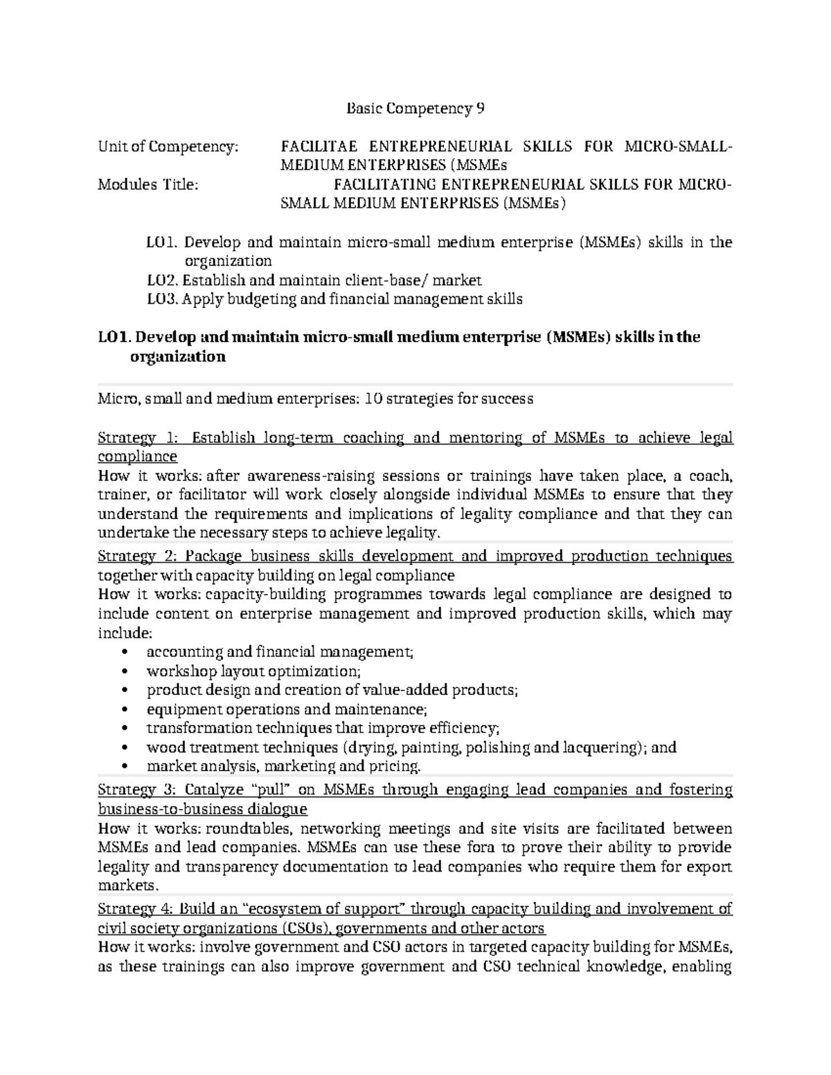 B9 - Need lecture notes for the training - Basic Competency 9 Unit of ...