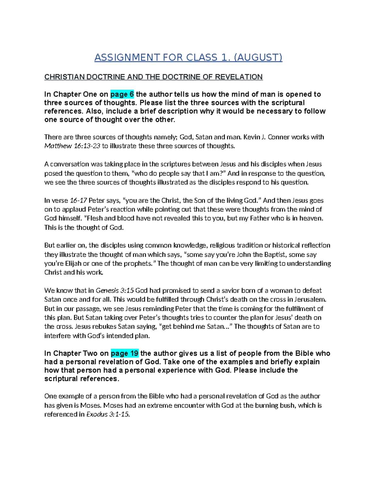 Assignments FOR Christian Doctrine - ASSIGNMENT FOR CLASS 1. (AUGUST ...