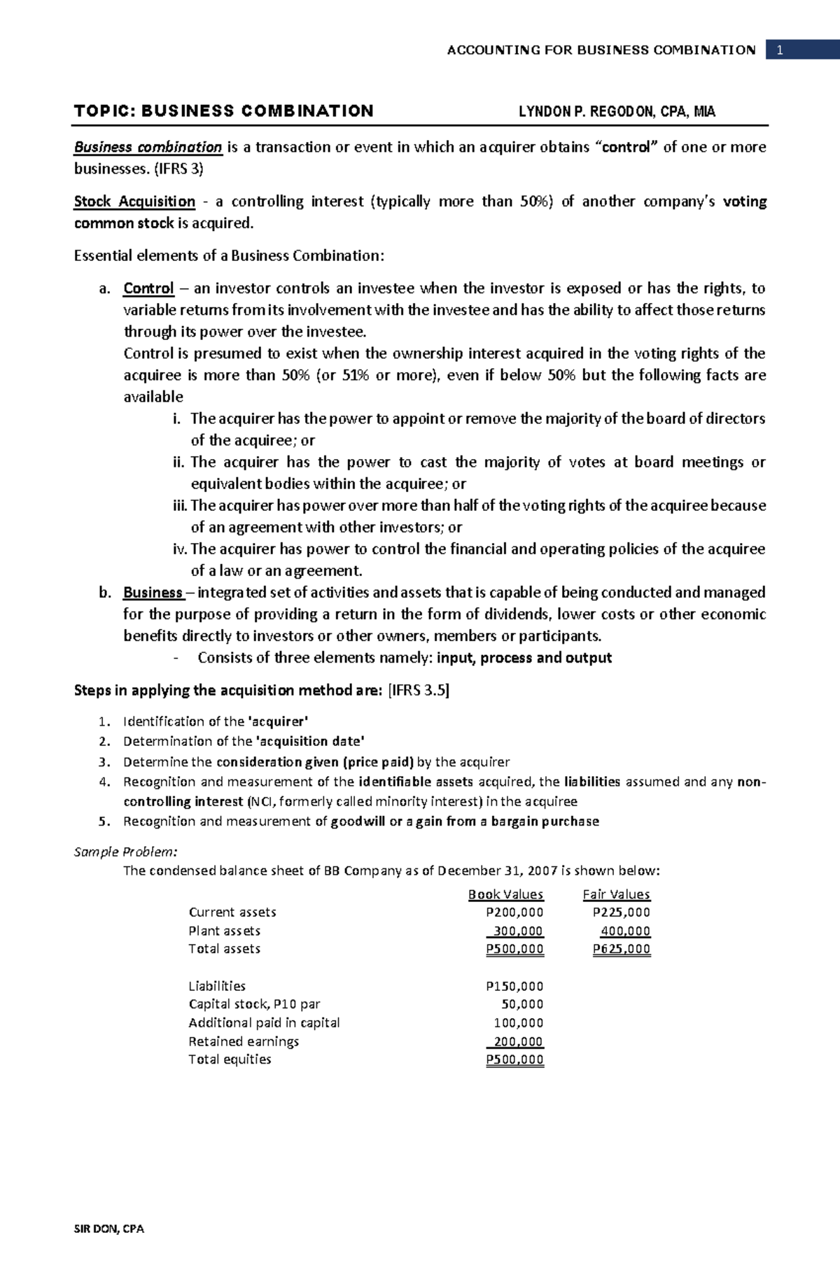 ABC Discussion - Business Combination- Stock Acquisition - SIR DON, CPA ...