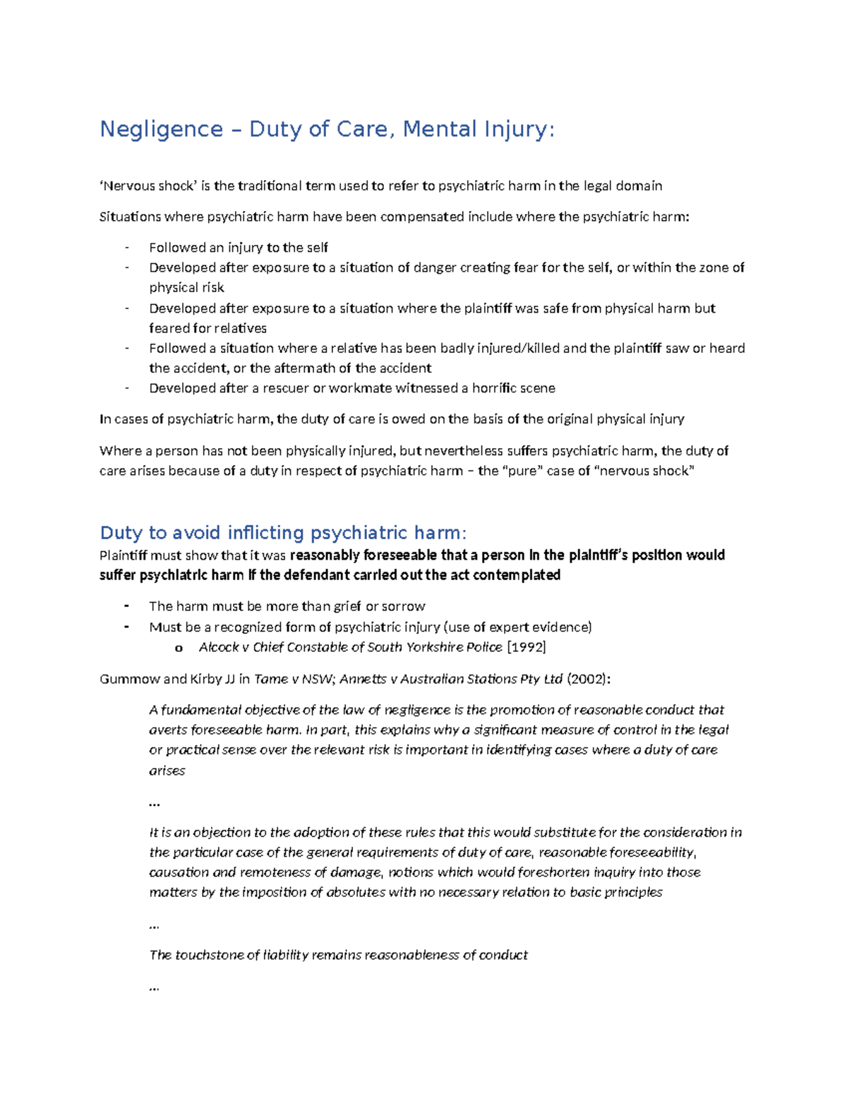 Class 4 Negligence Mental Injury - Negligence – Duty of Care, Mental ...