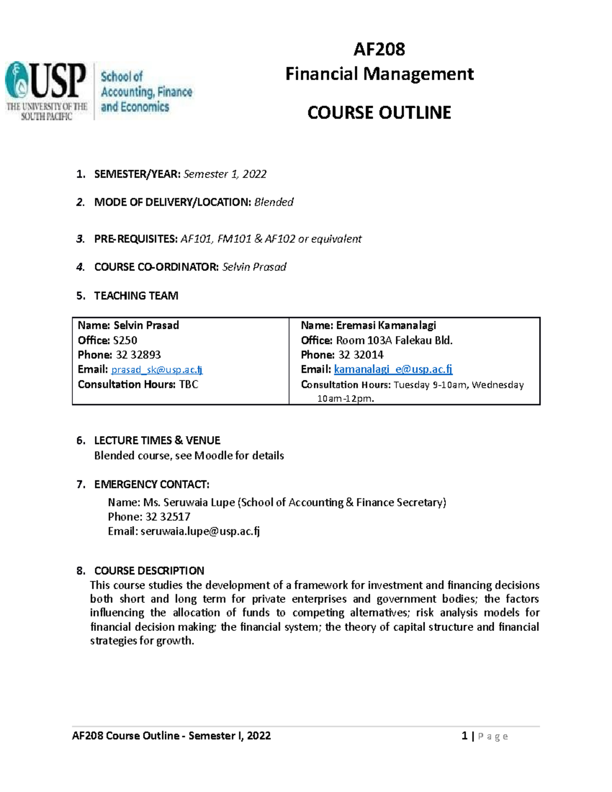 AF208 Course Outline Semester 1 2022 - AF Financial Management COURSE ...