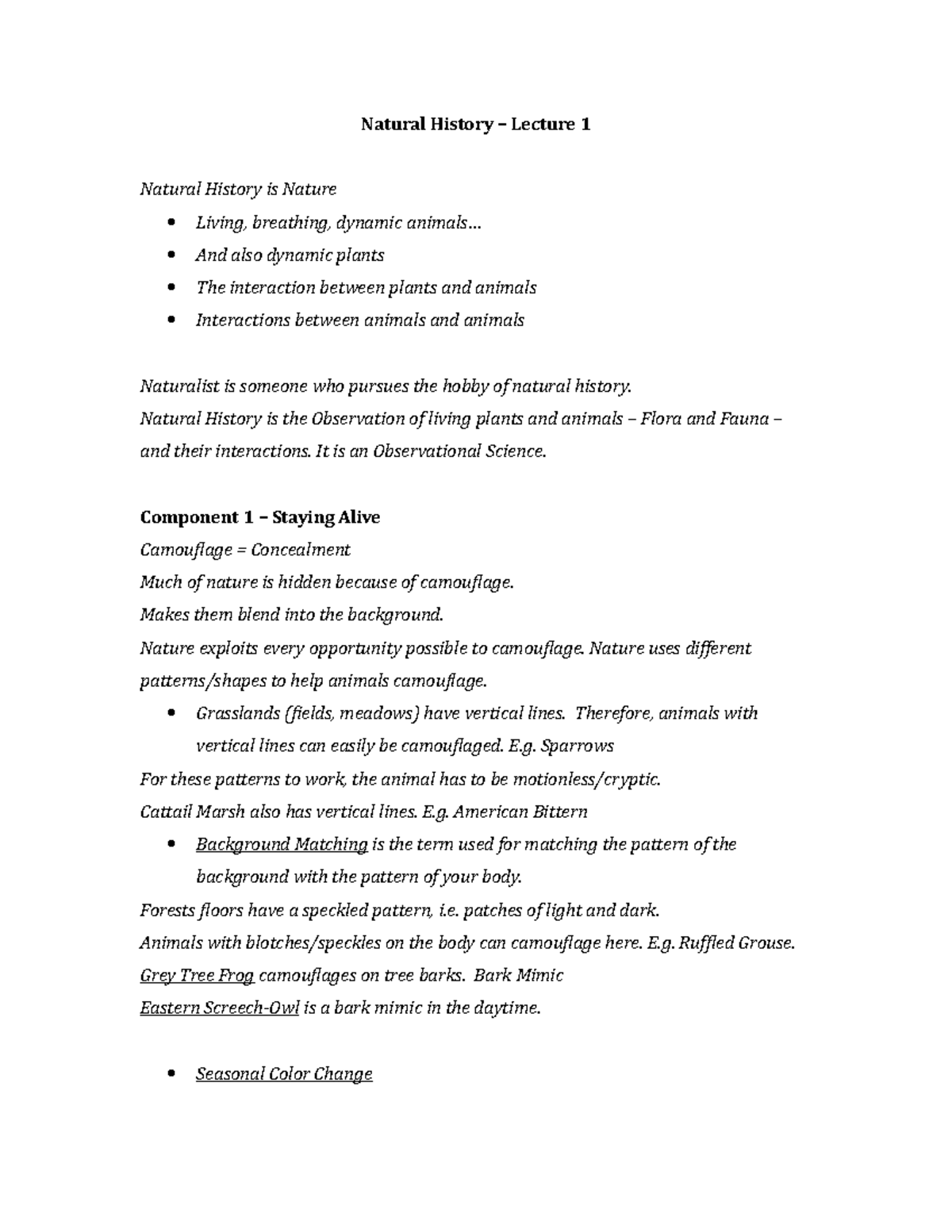 Natural History – Lecture 1 - Natural History – Lecture 1 Natural ...